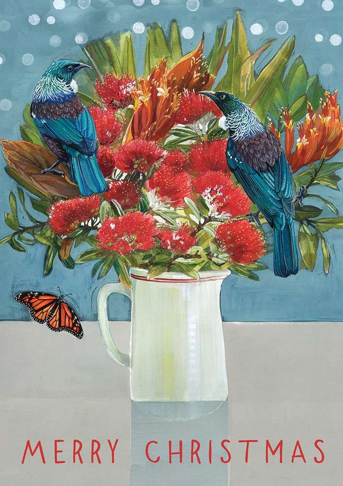 Christmas Card - Jane Galloway - Tui In The Pohutukawa Vase – gecko in ...